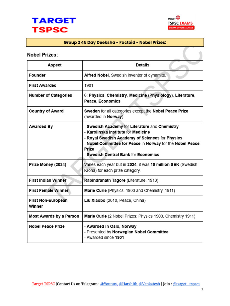 TARGET TSPSC's Group 2-Deeksha - Factoids - Nobel Prizes | PDF | Nobel ...