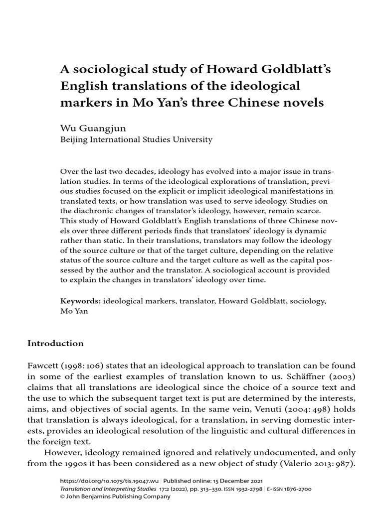 A Sociological Study of Howard Goldblatt's English Translations of The ...