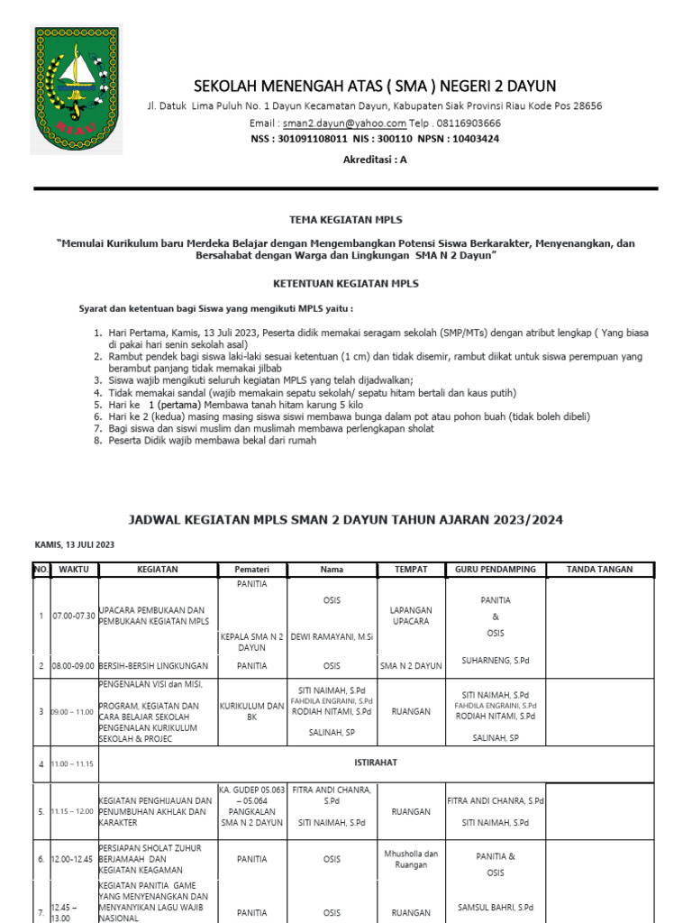 KEGIATAN MPLS SMA NEGERI 2 DAYUN 2023 2024 | PDF