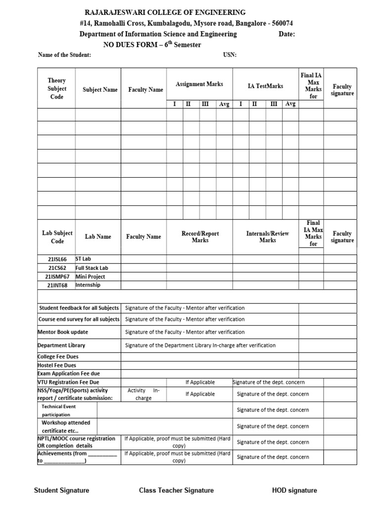ISE Dept No Due Form 6th Sem | PDF