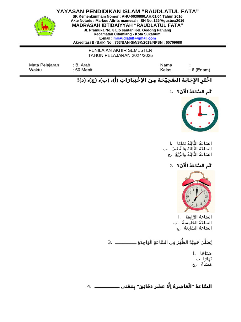 Soal Pas B.arab KLS 6 SMSTR 1 | PDF
