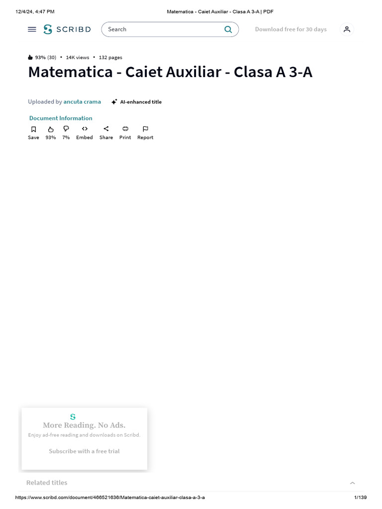 Matematica - Caiet Auxiliar - Clasa A 3-A - PDF | PDF | Scribd | World Wide Web
