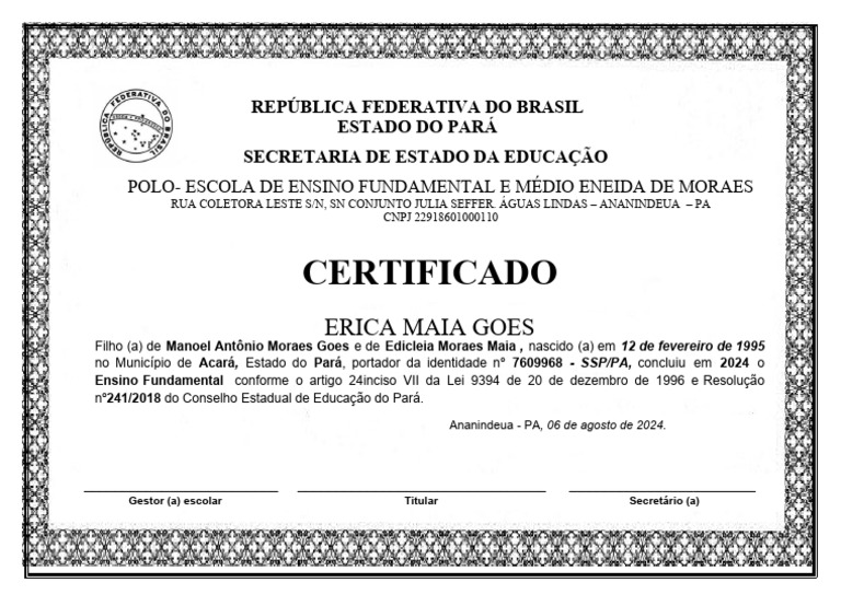 CERTIFICADO ENSINO MEDIO em Tempo Parcial Ou EJA | PDF