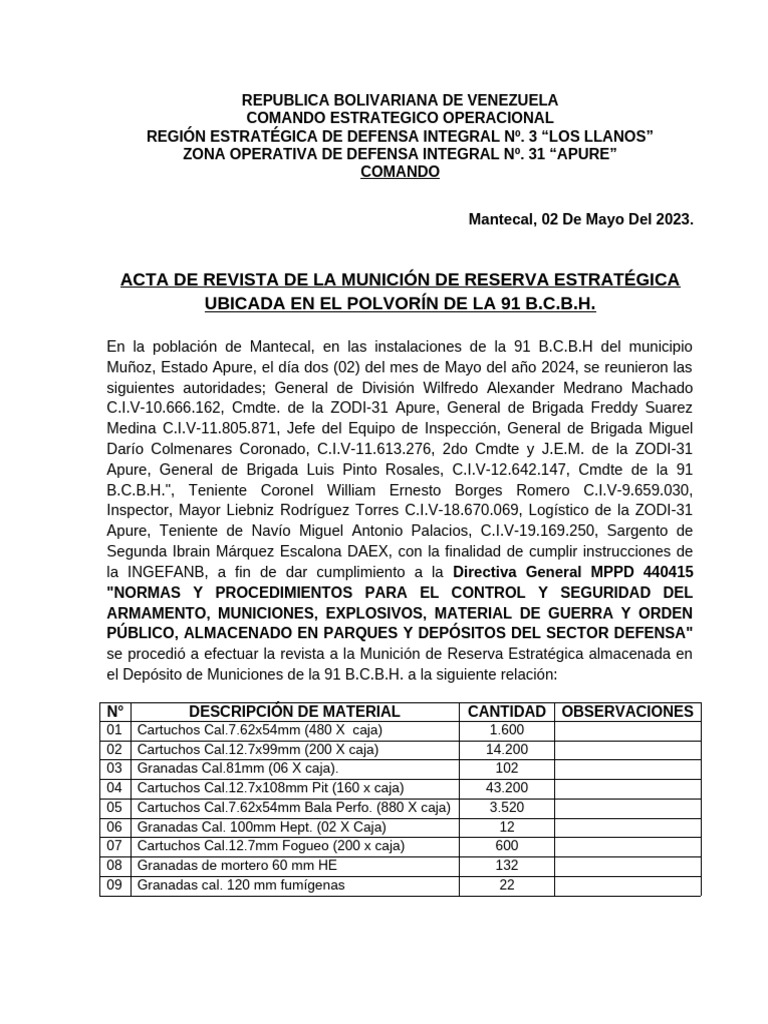 01 Acta de La 91 B.C.B.H | PDF | Militar