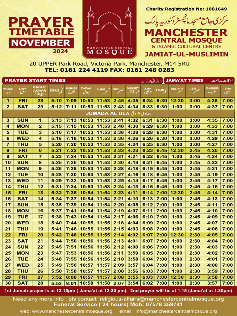 Manchester Central Mosque Time Table 1 | PDF