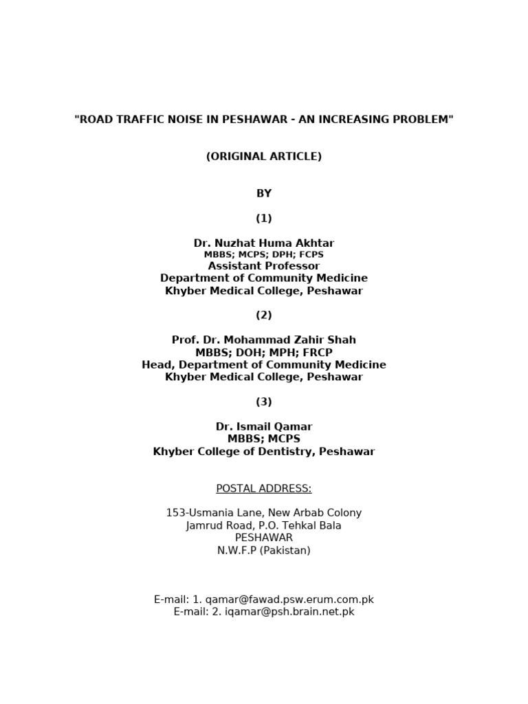 Traffic Noise Impact in Peshawar | PDF | Noise | Acoustics