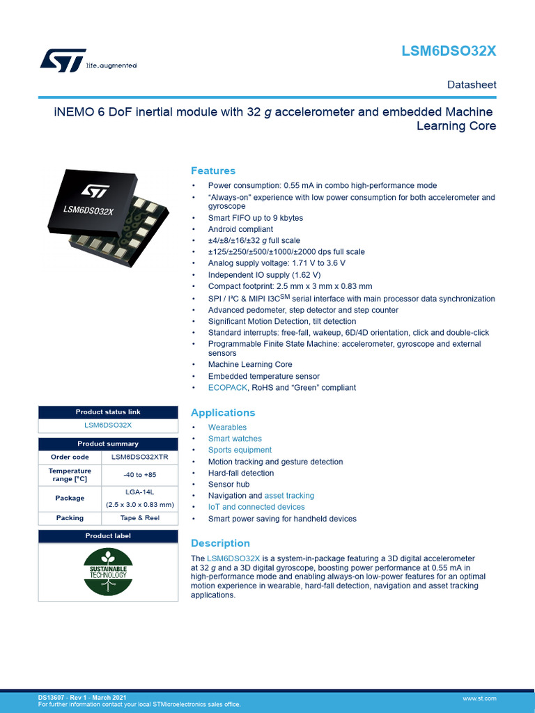 Datasheet Lsm6dso32x ACC-GYRO | PDF | Accelerometer | Machine Learning
