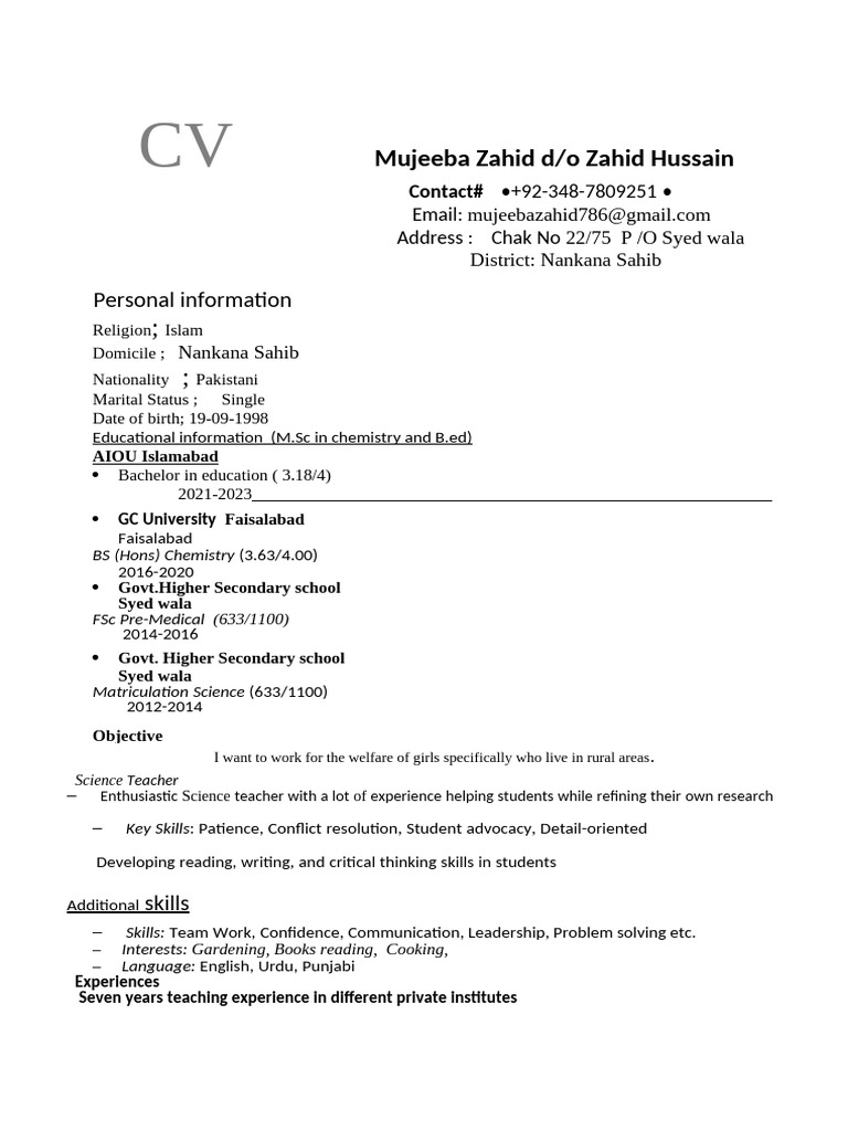 Mujeeba Zahid CV | PDF