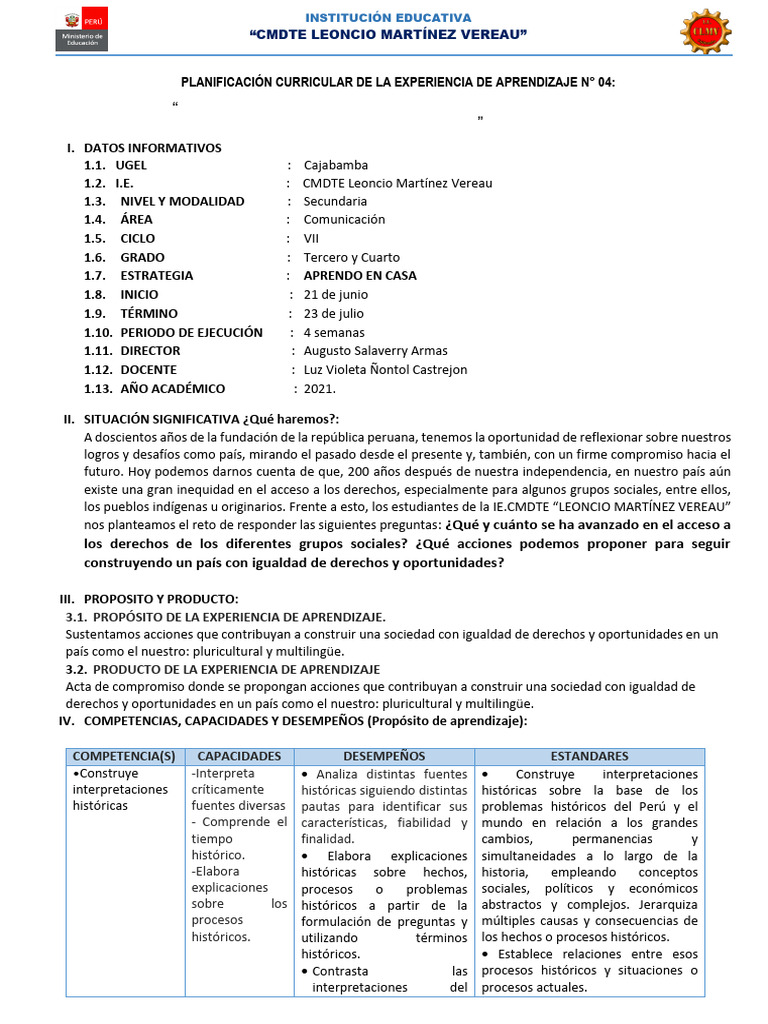 PLANIFICADOR EXPERIENCIA 4 CC.SS. 3° Y 4° | PDF | Evaluación | Aprendizaje