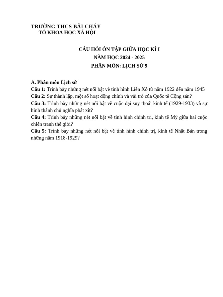 CÂU HỎI ĐỀ CƯƠNG ÔN TẬP GIỮA KÌ 1 LS9 NĂM 2024-2025 | PDF