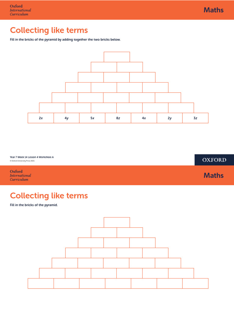 Worksheet (Algebra Collecting Like Terms) Year 7 | PDF