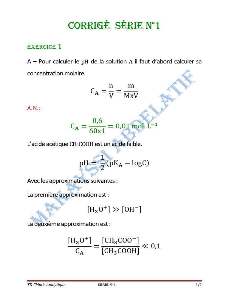 Calcul du pH et concentrations en solutions acides et basiques | PDF ...
