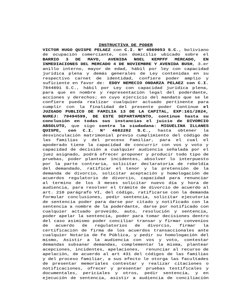 Poder para Demandar Divorcio Victor | PDF | Divorcio | Sentencia (ley)