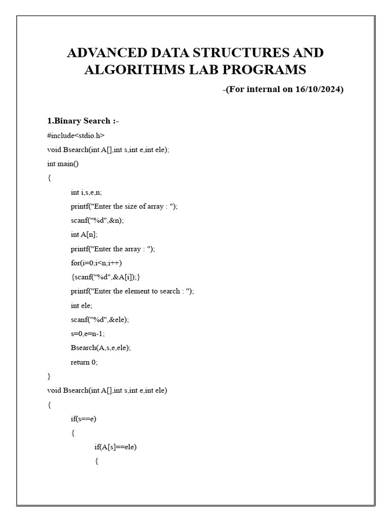 Advanced Data Structures and Algorithms Lab Programs | PDF | Computing ...