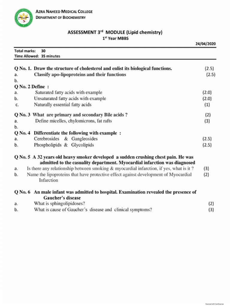 3rd Module Biochemistry Lipid 2020 SEQs | PDF