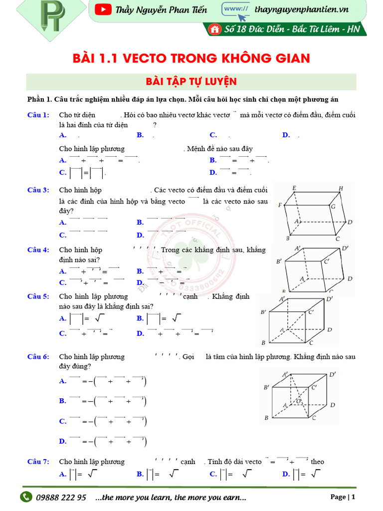 BTVN - Bài 1.1 Vecto Trong Không Gian - BT | PDF
