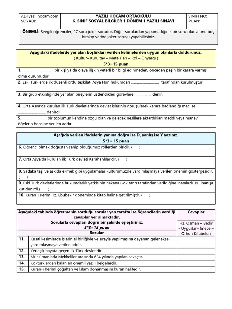 yazilihocam.com---------------6.SINIF SOSYAL BİLGİLER 1.DÖNEM 1.YAZILI SORULARI-1 | PDF