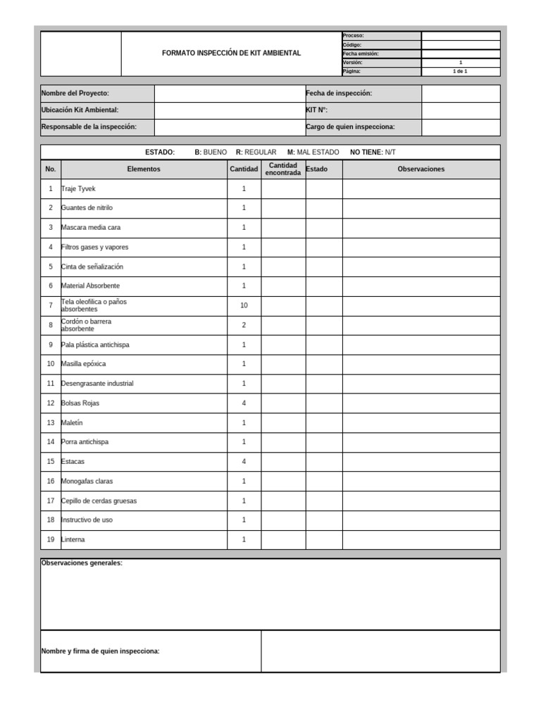 Formato Inspeccion Kit Ambiental | PDF