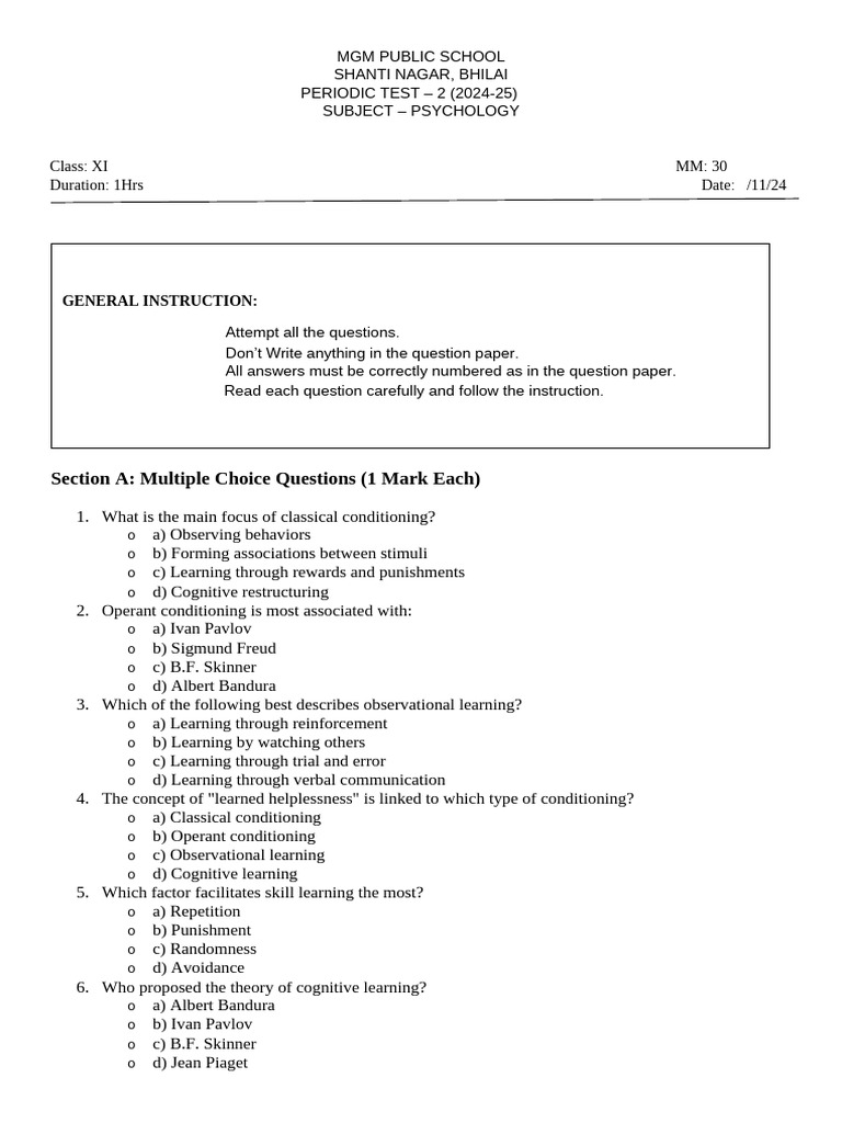 Psychology paper 11 | PDF | Learning | Classical Conditioning