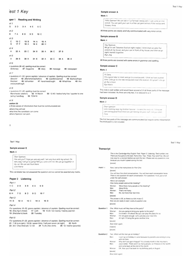 KET 4 - Answer Key | PDF