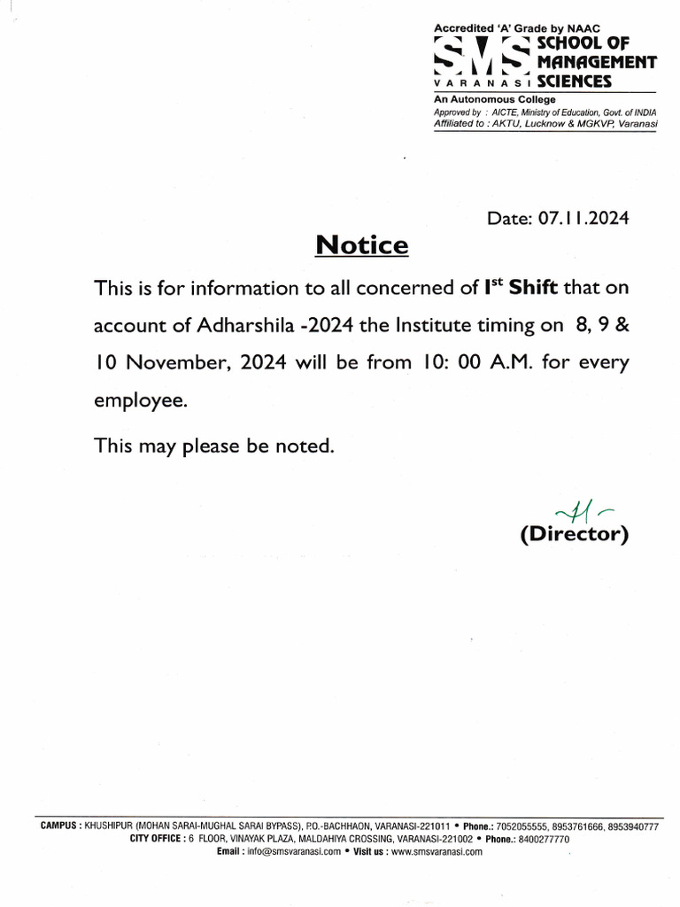Notice - Timing For 1ST Shift | PDF