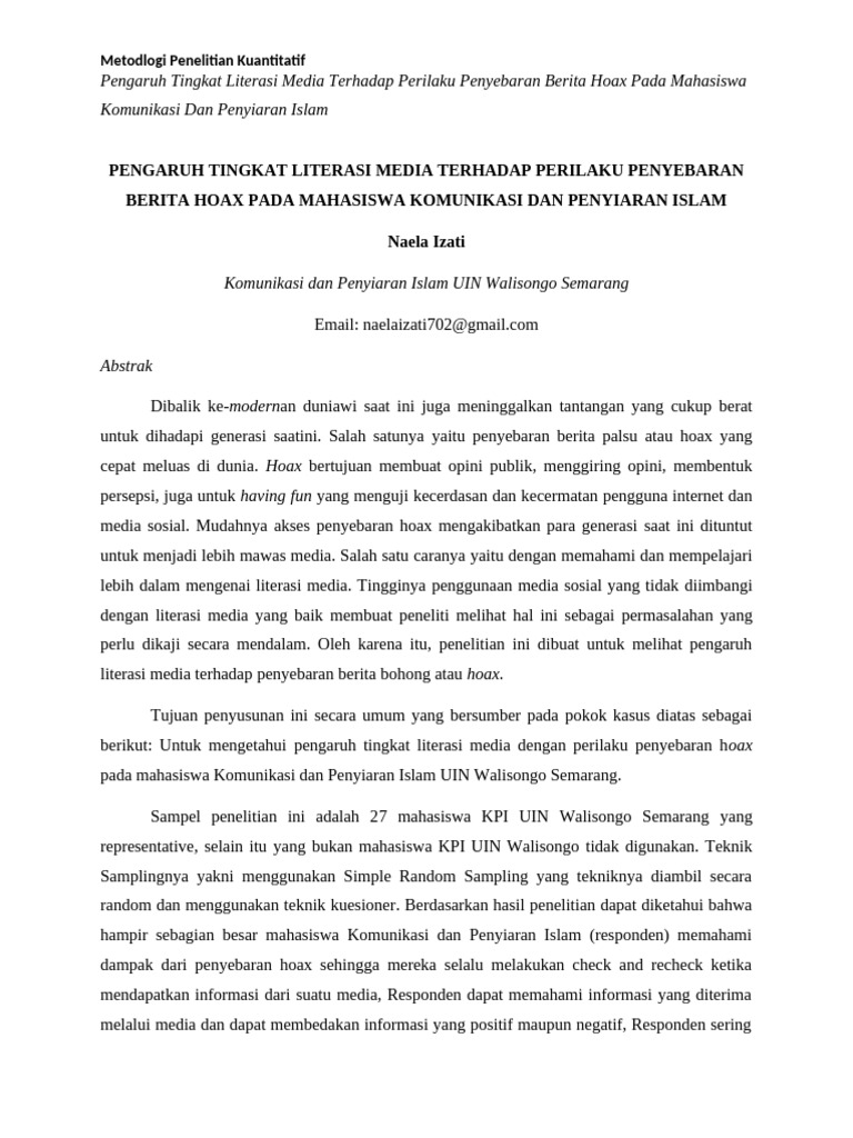 Pengaruh Tingkat Literasi Media Terhadap Perilaku Penyebaran Berita Hoax Pada Mahasiswa ...