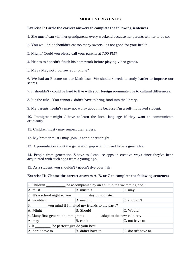 MODEL VERBS UNIT 2 | PDF | Homework