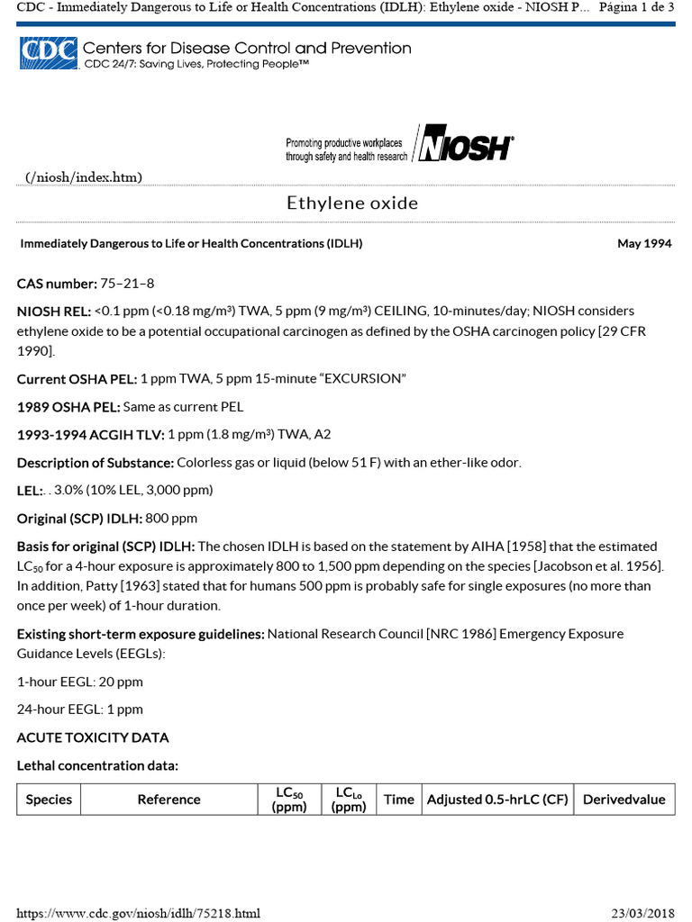ETO IDLH NIOSH | PDF | Labor Relations | Centers For Disease Control ...