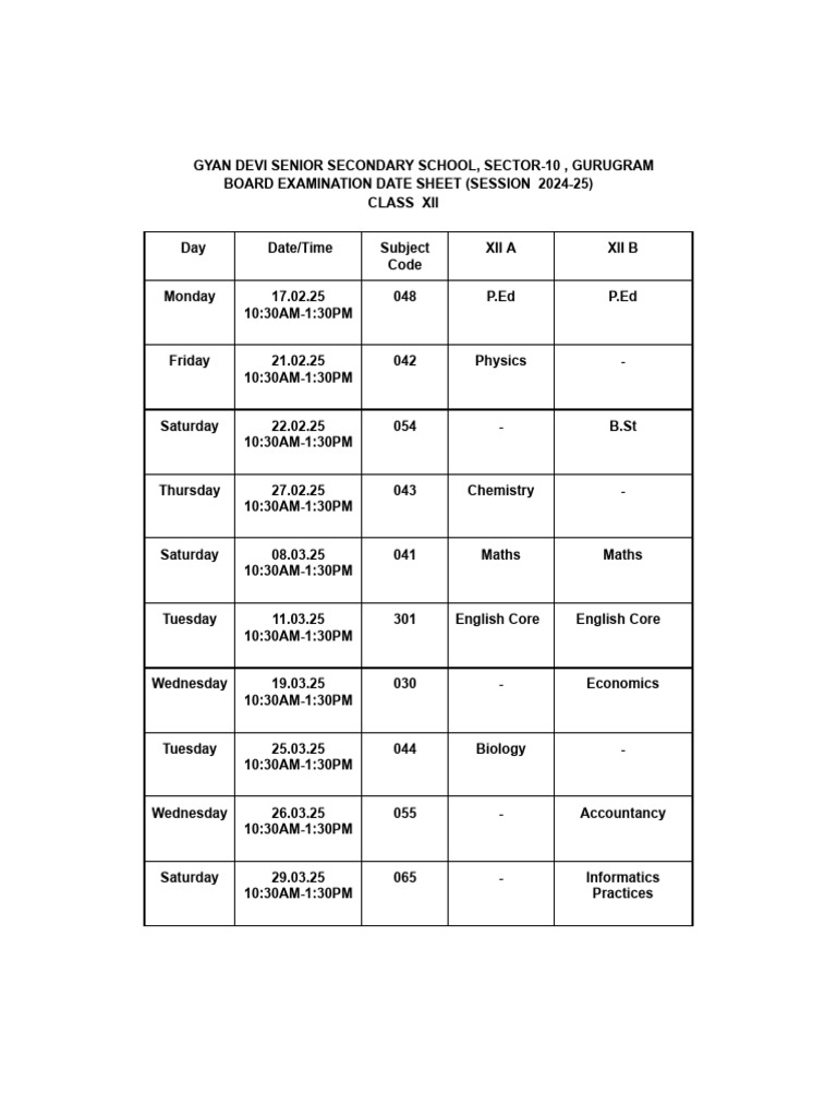 Class XII Board Examination Date Sheet (2024-25) | PDF