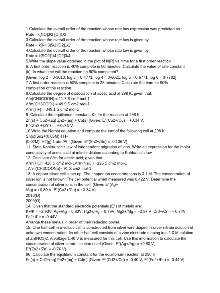 Chemistry practice set for class 12 | PDF | Chemistry | Physical Chemistry