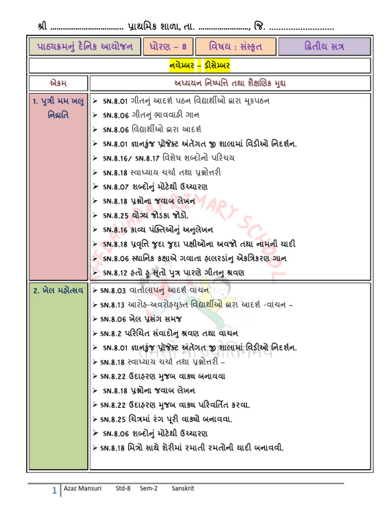 STD 8 Sanskrit Sem 2 Dainik Aayojan 24-25 Azaz | PDF