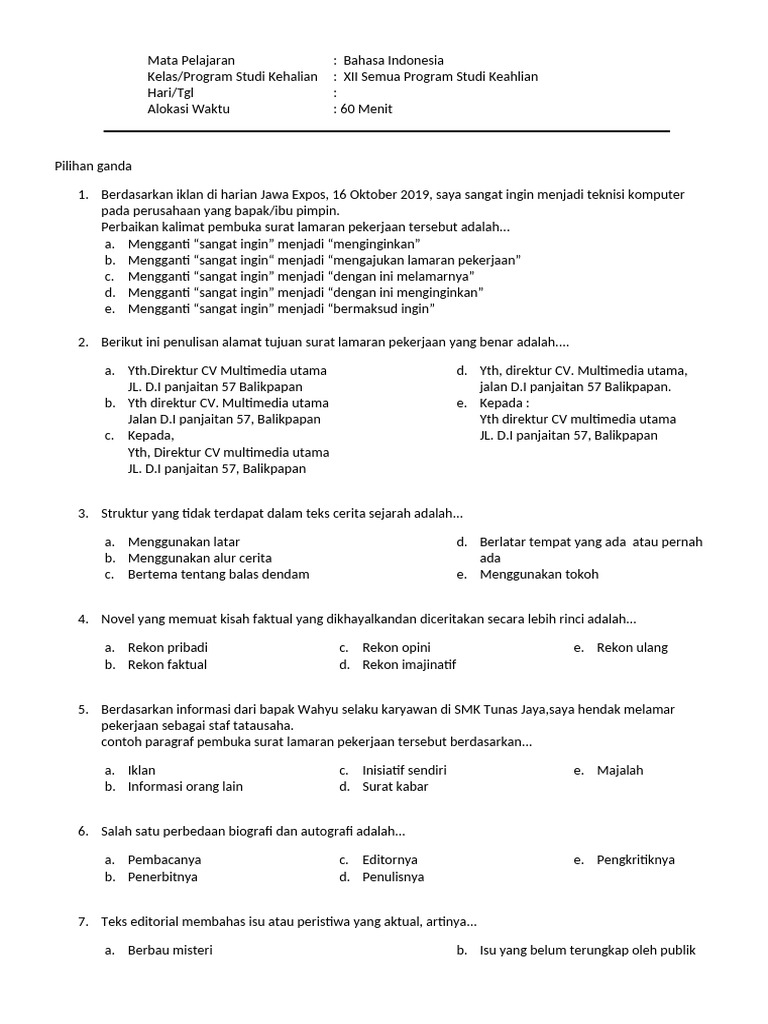 SOAL BHS.INDONESIA KLS XII SEM.GANJIL TP.2019 | PDF