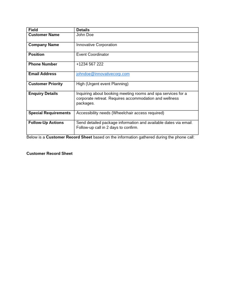Customer Record Sheet | PDF