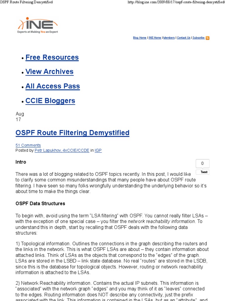 OSPF Route Filtering Demystified | PDF | Routing | Router (Computing) OSPF Route Filtering Demystified | PDF | Routing | Router (Computing)