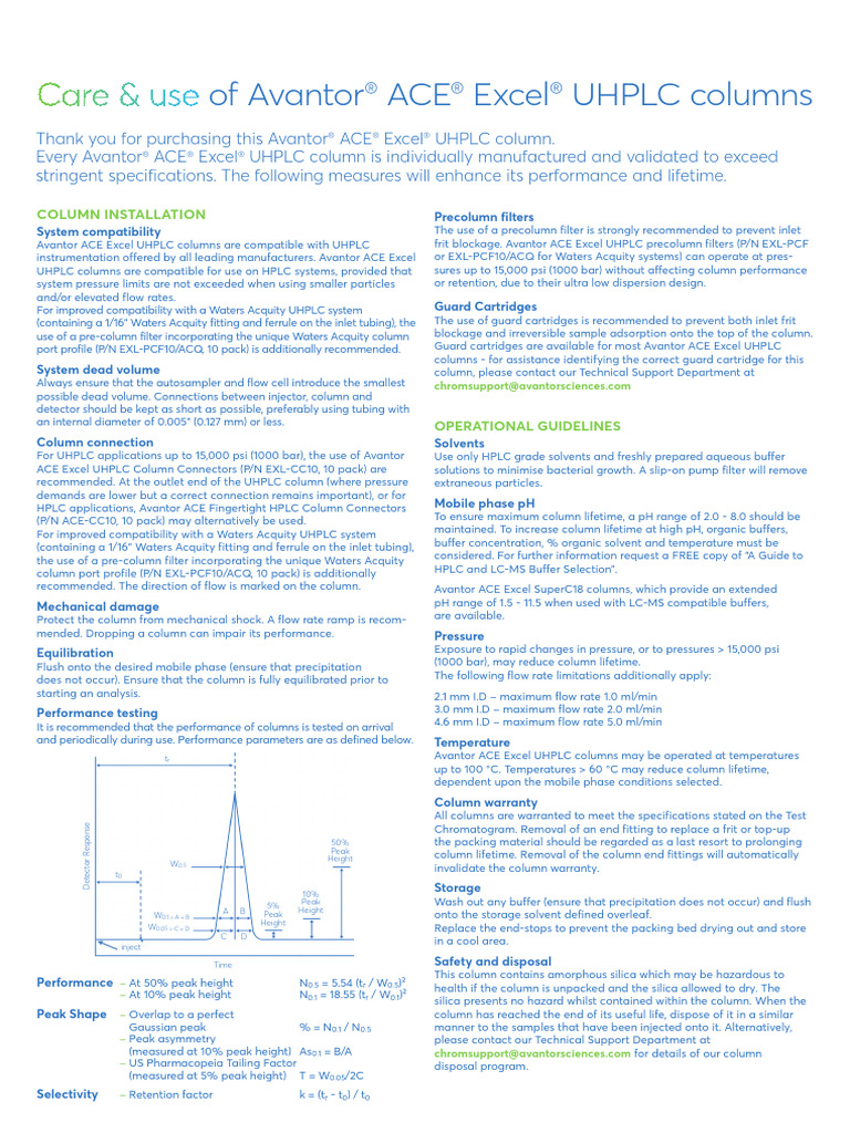 Avantor ACE Excel and Avantor ACE UltraCore Care and Use Sheet | PDF ...