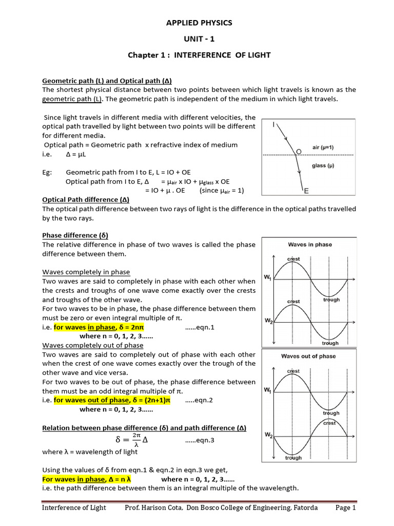 Chap 1 Interference of Light | PDF | Materials Science | Physics