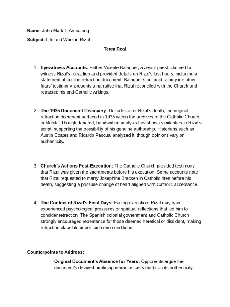 Team Real - Life and Work in Rizal | PDF