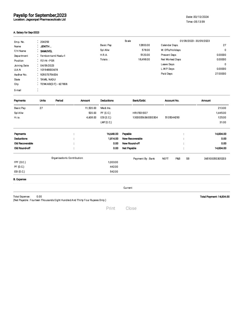 September 2023 Payslip Details | PDF | Payments | Expense
