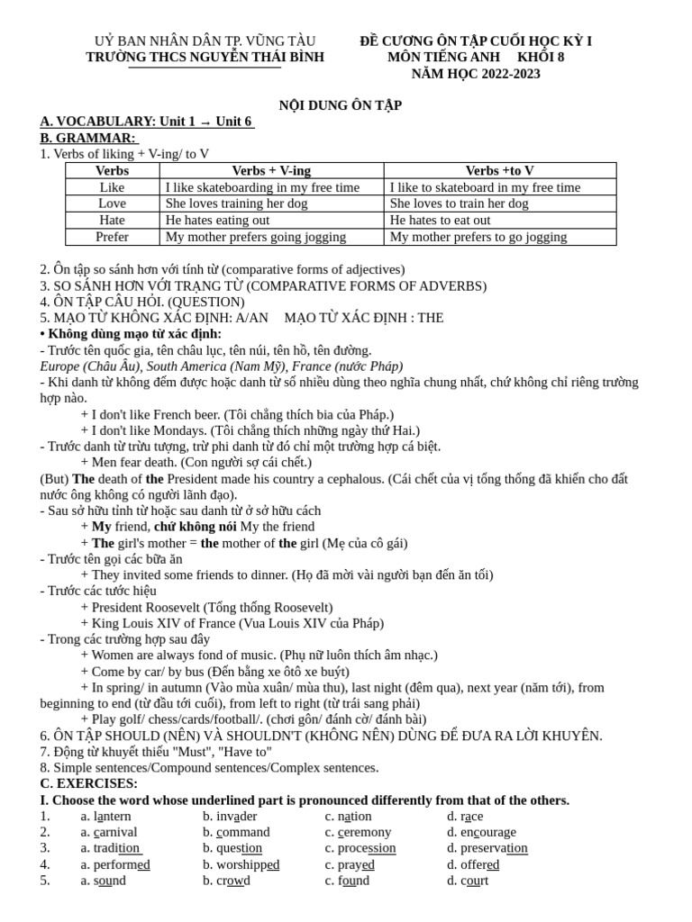 TA 8 Đề Cương Hk1 22-23 NTB | PDF | Meal | Lunch