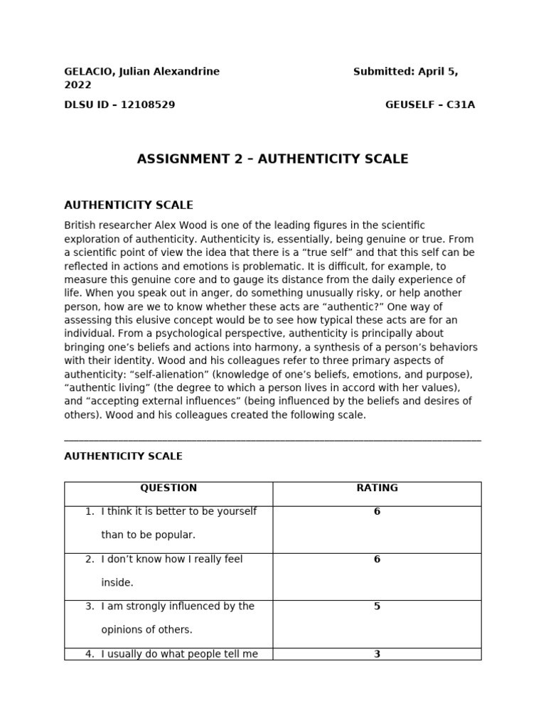 Authenticity Scale Gelacio | PDF | Authenticity (Philosophy) | Psychology