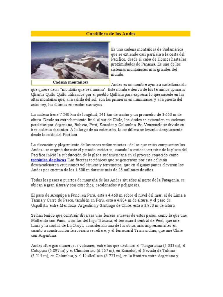 Características de la Cordillera de los Andes | PDF | Andes | Chile