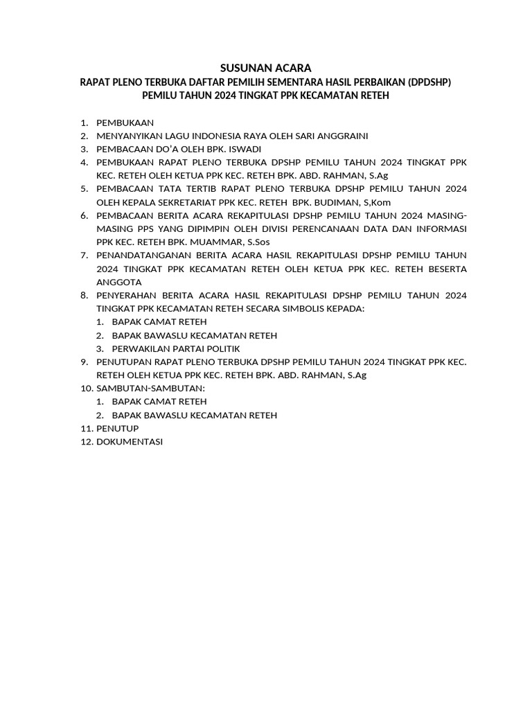 Susunan Acara Rapat Pleno DPSHP | PDF