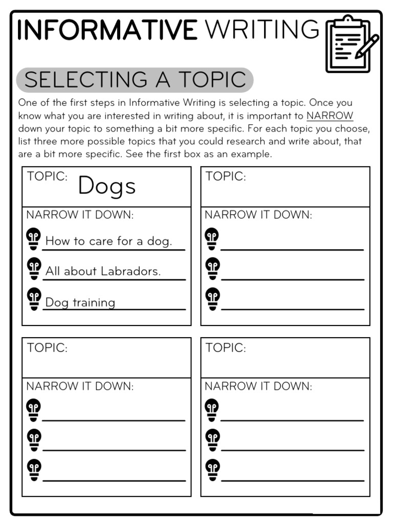 Informational Writing - Step Two - Narrow Down Topic Choices | PDF