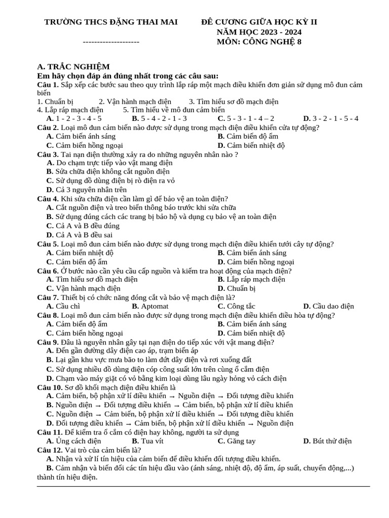 De Cuong On Tap Cong Nghe GK2 | PDF