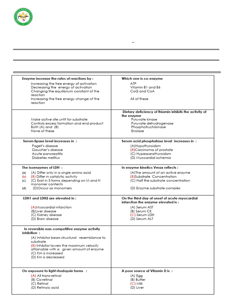4TH MODULE Biochemsitry VITAMINS ENZYME 2020 MCQs | PDF | Enzyme | Vitamin