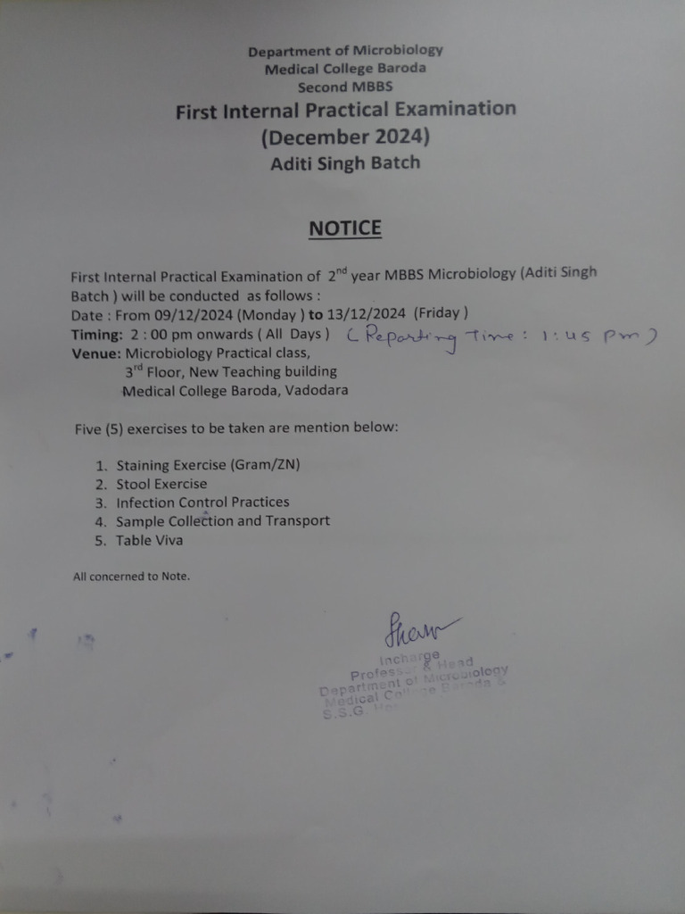 Notice for Practical Examination Aditi Singh Batch | PDF