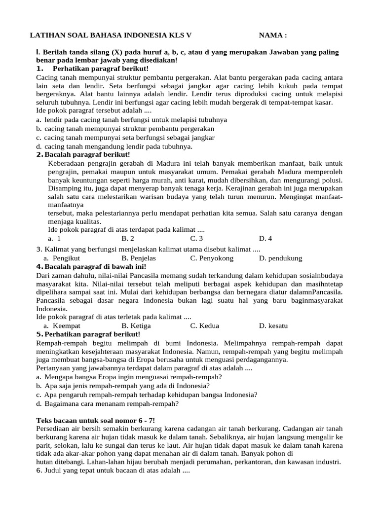 LATIHAN SOAL BAHASA INDONESIA KLS 5 | PDF