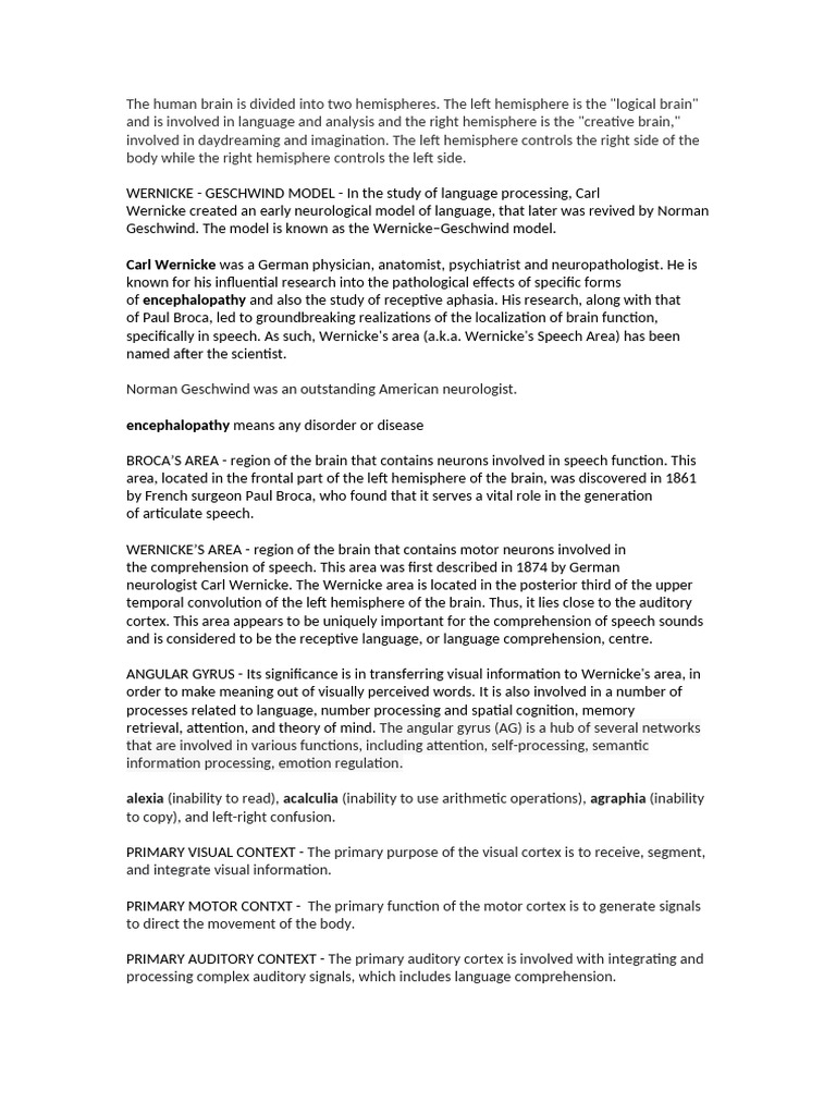Wernicke-Geschwind Model Overview | PDF | Lateralization Of Brain ...