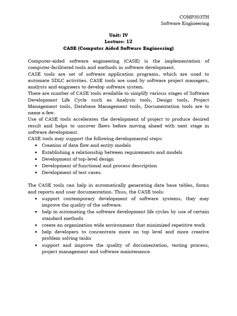 Unit4 Lecture 12 CASE Tools | PDF | Software | Software Development