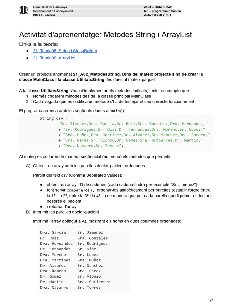21 - A02 - MetodesStringArrayList - ASIX DAM | PDF